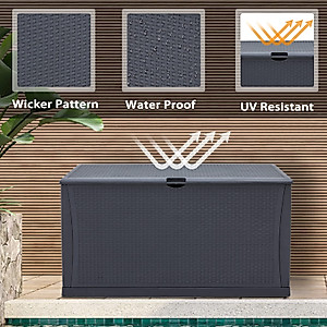 Cemeon 120 Gallon Outdoor Large Deck Storage Box, Resin Wicker Patio Storage Container for Patio Cushions, Gardening Tools and Toys (Dark Gray)
