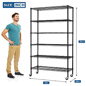FLL 6 Tier Metal Wire Shelving Unit Garage Shelving Wire Shelving for Garage Kitchen,NSF Certification Metal Storage Shelf Rack Shelf Heavy Duty Shelves Height Adjustable with Wheels,48×18×82,Black