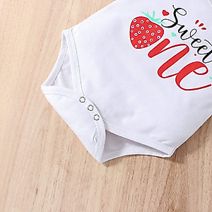 Baby Girl First Birthday Outfit Sweet One Fruit Short Sleeve Romper Top Flare Pants Headband 3Pcs Cake Smash Clothes (Strawberry, 12-18 Months)