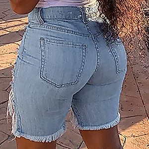 GDJGTA Women Jeans Shorts Pants Overalls Pants Stretch-Free Slim Hole Distressed Casual Fit Hot Pants Light Blue