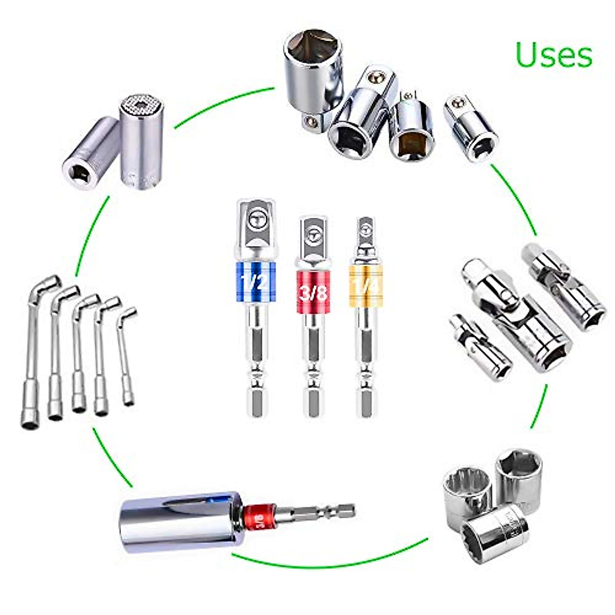 MAEXUS Impact Grade Socket Adapter Extension Set, Turns Power Drill Into High-Speed Nut Driver, 1/4" 3/8" 1/2" Drive, Socket to Drill Adapter for Impact Drivers (3 Pcs)
