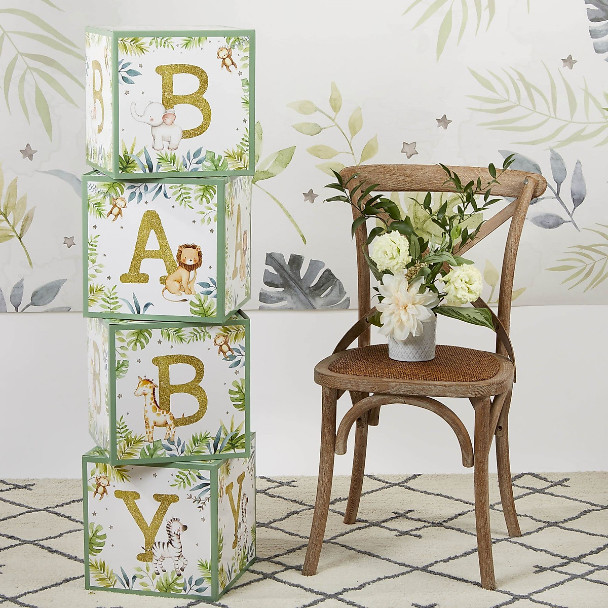 Kate Aspen Safari Baby Boxes with Letters for Baby Shower Decorations Photo Prop & Jungle Animal Nursery Décor (Set of 4 Spells BABY) (28609NA)