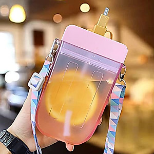 2 Pieces kawaii Water Bottles with Straw and Strap, Cute Plastic Camera Ice Cream Popsicle Cartoon Water Bottle Leakproof Water Cups Juice Drinking Bottle for School Girls Summer Outdoor