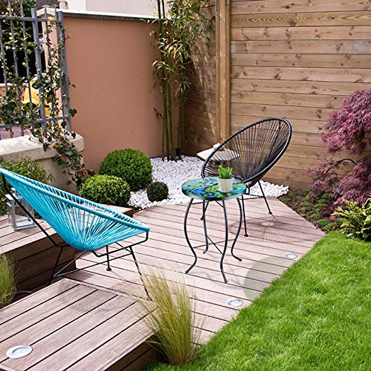 MUMTOP Outdoor Side Tables Patio Table 14’’ Round Mosaic Accent Table Peacock Glass Plant Stand Decor for Garden, Balcony Indoor Use…