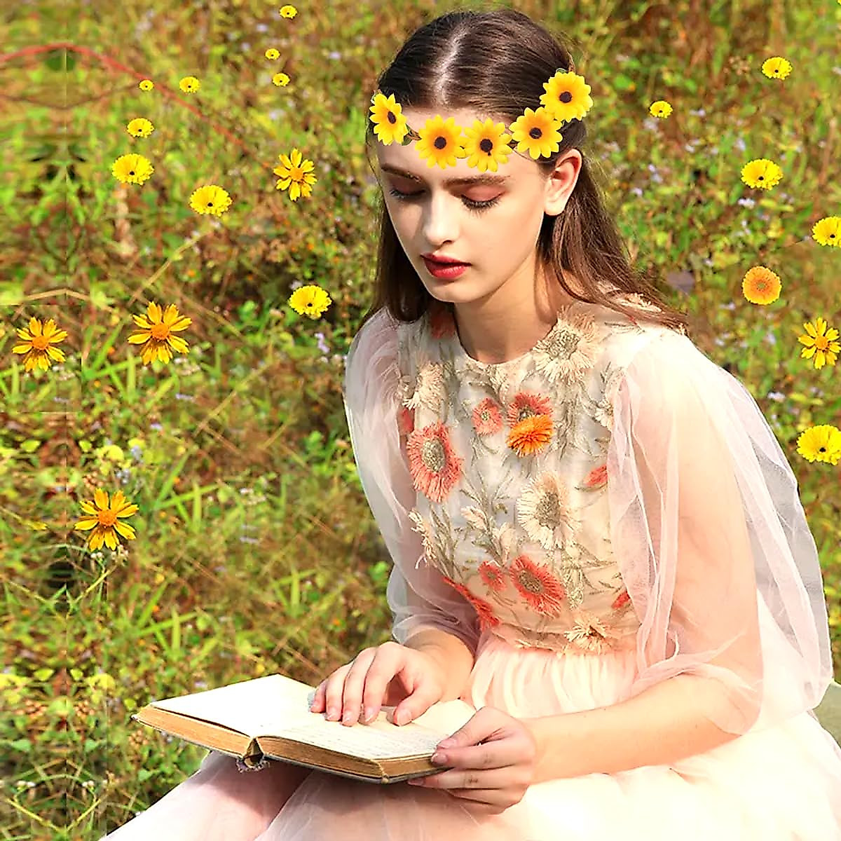 RONYOUNG 12PCS Sunflower Headband Crown Headpiece Daisy Headbands for Women Girl Hair Wreath Garland Hippie Clothes Boho Hat Accessories Bridal Wedding Parties Festivals Performances Photo Props