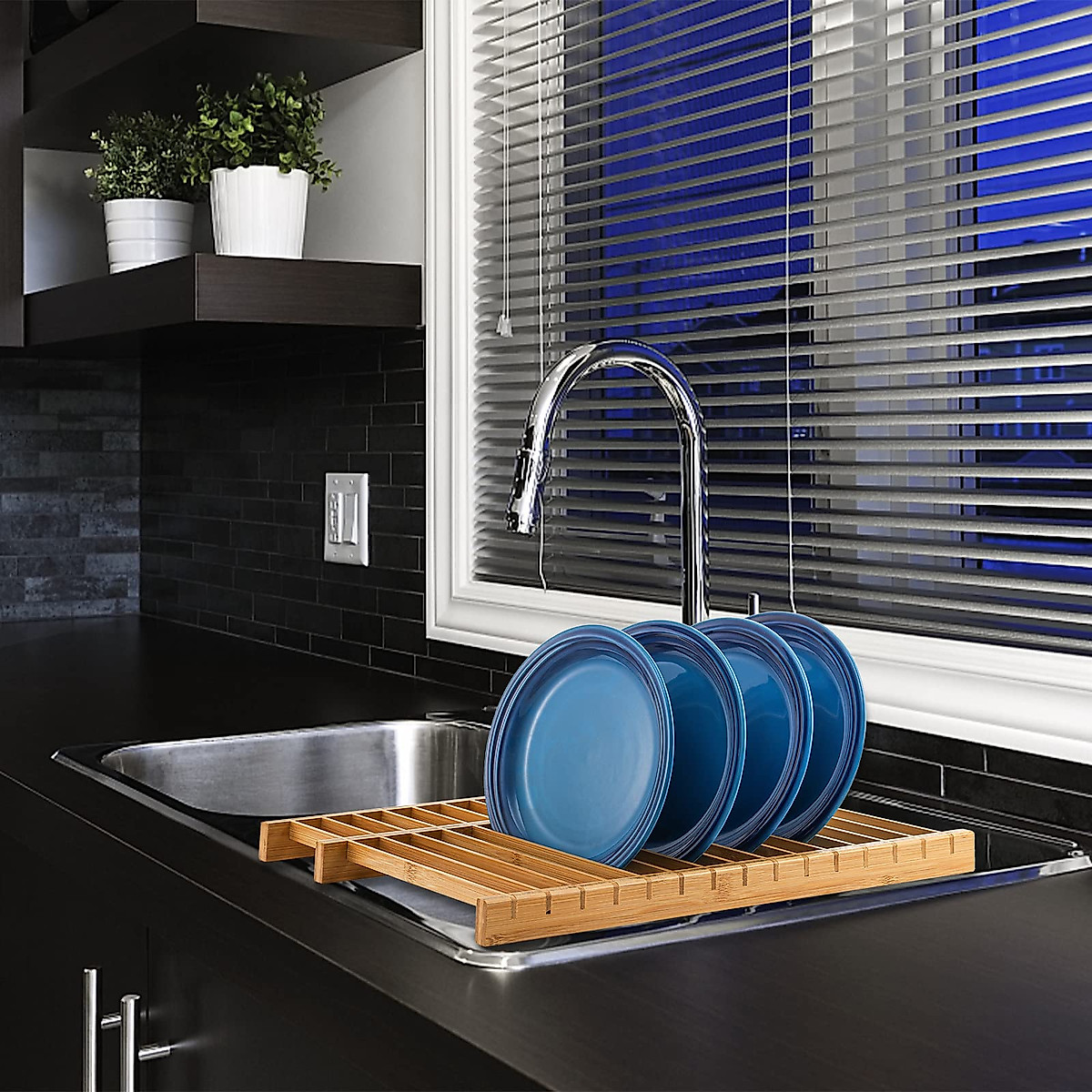 Lawei 2 Pack Over The Sink Dish Drying Rack, Bamboo Dish Rack Plate Stand Pot Lid Holder Kitchen Cabinet Organizer for Bowl, Cup, Cutting Board and More