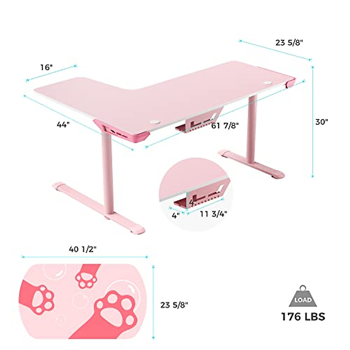 EUREKA ERGONOMIC L60 Gaming Desk L Shaped, 60 Inch Large Pink Computer Table Home Office Corner Study Writing Modern Workstation w Mouse Pad Cable Management, Space Saving, Gift for Girl Female, Right