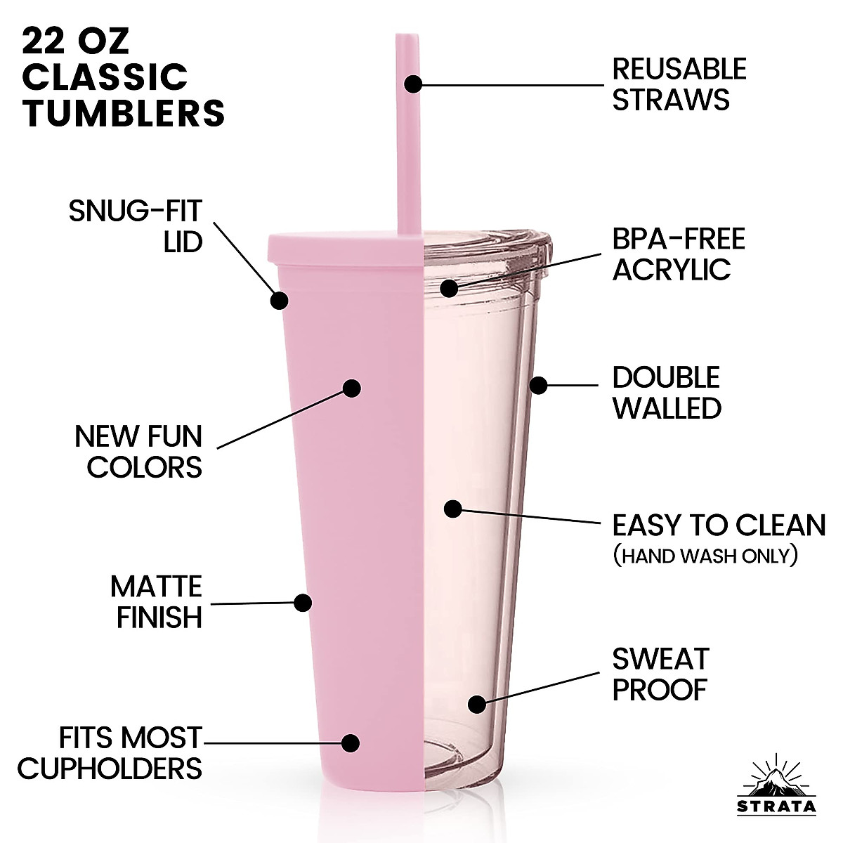 STRATA CUPS Classic Tumblers with Lids and Straws (8 pack) - 22oz Matte Pastel Colored Acrylic Tumblers with Lids and Straws, Double Wall Tumbler Bulk, Reusable Cup with Straw Cleaner (Pink)