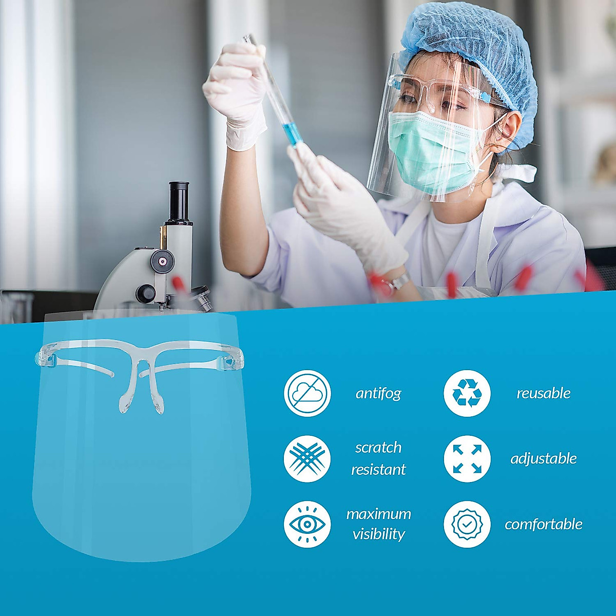 Artnaturals Protective Face Shield - 5 Pack - Reusable - Clear Glasses Frame - Full Face Visor Guard Mask- Anti-Fog Transparent Protection from Splash Droplets & Saliva