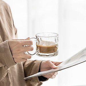 HolaJia Espresso Cups Glass Coffee Mugs 8.4 Oz Set of 2,Clear Embossed Tea Cups,Vintage Glassware with handle,Demitasse Glasses for Cappuccino,Latte,Hot Beverage(Begonia)