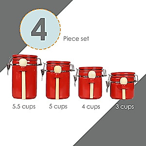 Canister Sets For The Kitchen (4 Piece Set) Red, High Gloss Ceramic | By Home Basics | Decorative Kitchen Set | With Wooden Spoons, Countertop Set For Flour, Sugar, Coffee, and Snacks