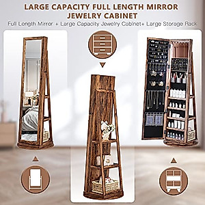 OUTDOOR DOIT 360° Rotating 67'' Jewelry Armoire with 6 LEDS, Full Length Mirror Large Capacity Jewelry Organizer Armoire, Lockable Floor Standing Mirror with Back Storage Shelves