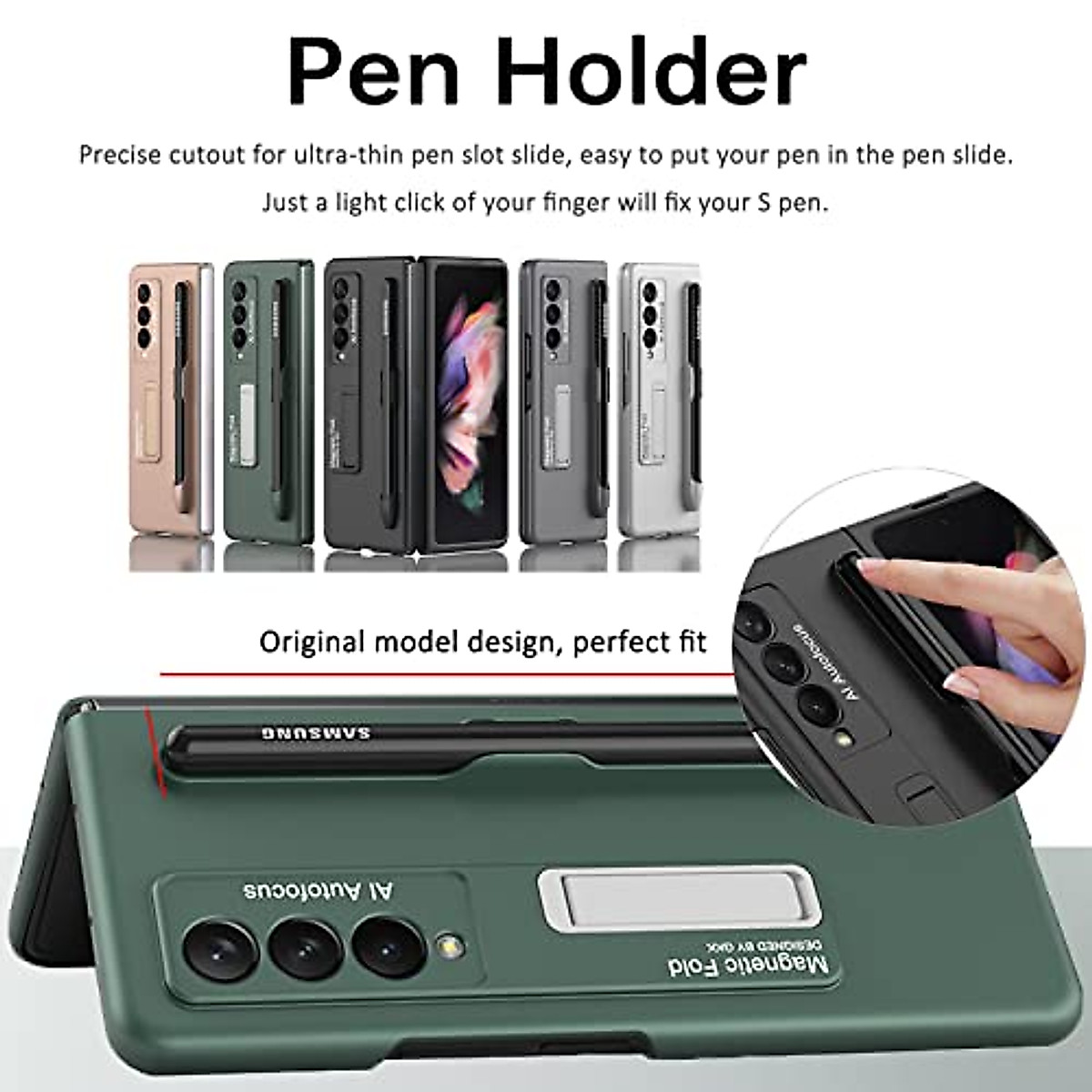 Miimall Compatible for Samsung Galaxy Z Fold 3 Case with Pen Holder, Slim Folding Kickstand Anti-Drop Shockproof Bumper Cover Cases for Galaxy Z Fold 3 5G (Silver)