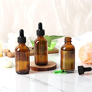 STARSIDE 24 Pack 2 oz Amber Glass Dropper Bottles for Essential Oils,60 ml Glass Bottles with Glass Droppers for Lab Chemicals,Perfumes.Included 1 Brush,2 Funnels and 24 Labels