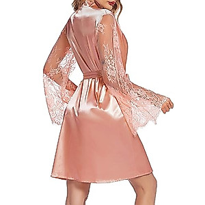 Avidlove Women's Satin Robe Pink Kimono Silk Robes for Bridal Party Lightweight V-Neck Lace Sleeves