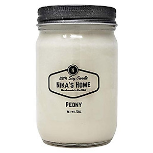 Nika's Home Peony Soy Candle 12oz Mason Jar Non-Toxic White Soy Candle-Hand Poured Candle- Handmade, Long Burning 50-60 Hours Highly Scented All Natural, Clean Burning Large Candle Gift Décor