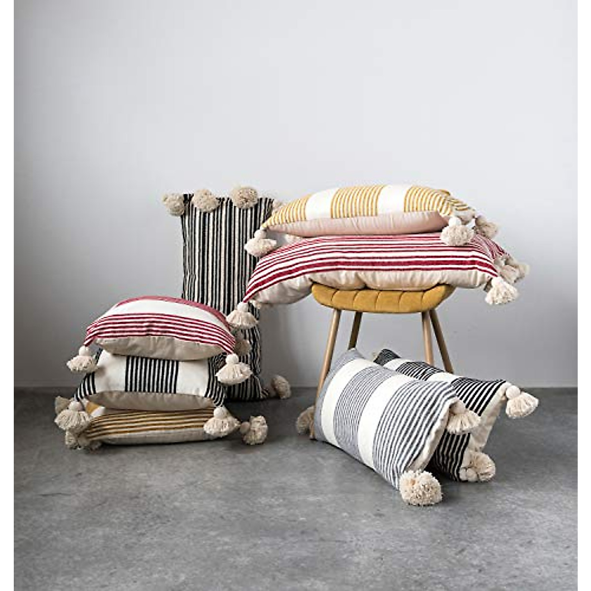 Creative Co-Op White Cotton & Chenille Woven Lumbar Raised Black Stripes & Thick Tassels Pillows