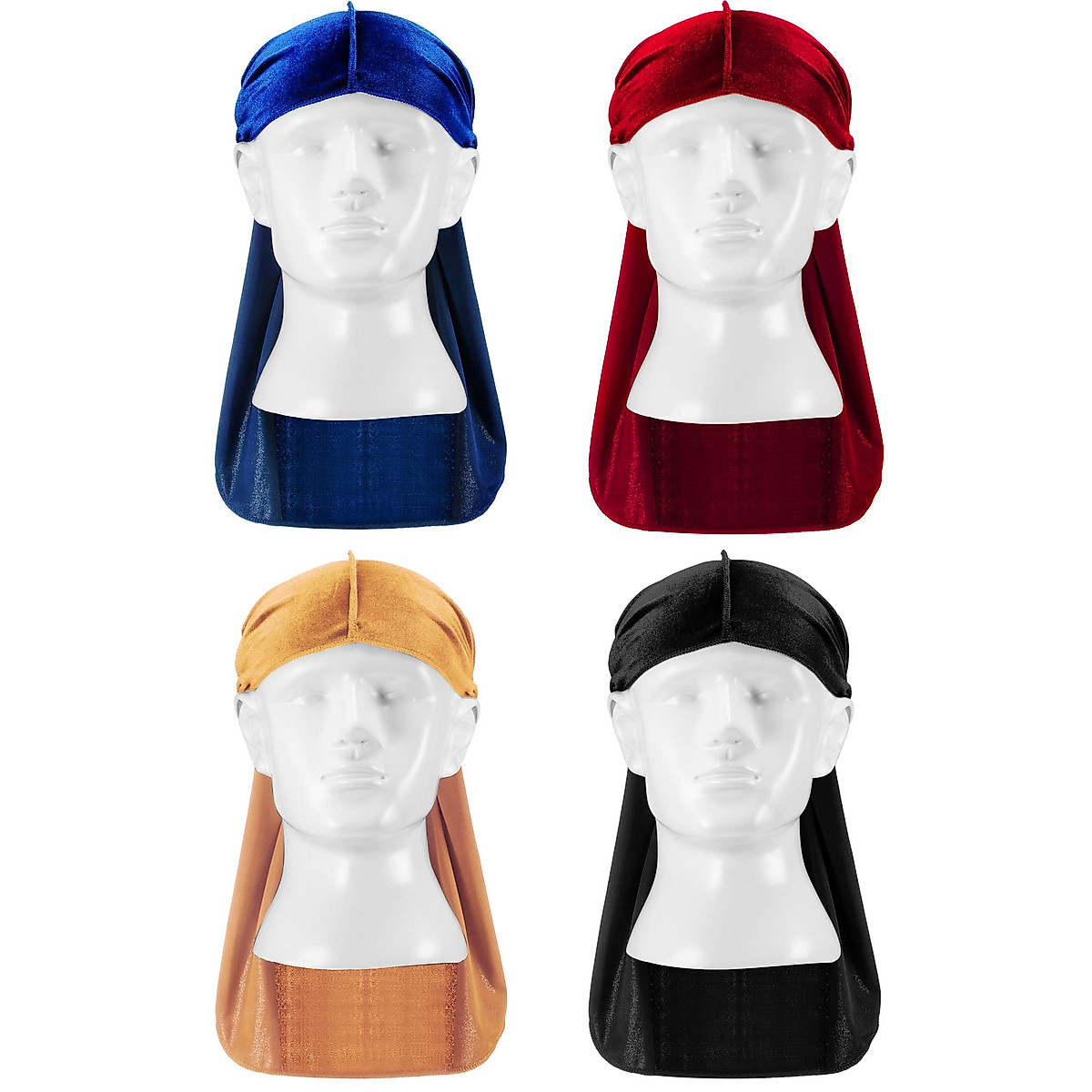 4 Pieces Men's Velvet Durag with Long Tail Soft Durag Headwraps for 360 Waves (Royal blue, Red, Gold, Black)
