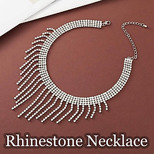 Sixexey Rhinestone Choker Necklaces Silver Neck Chain Sparkly Tassel Necklace Dainty Party Prom Necklace Jewelry for Women