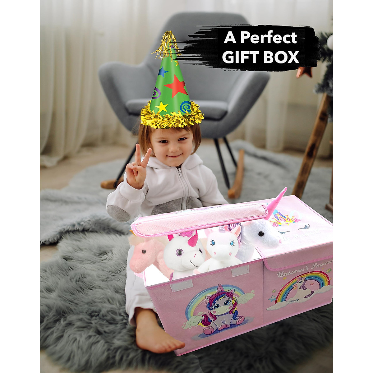 NINOSTAR Girls Unicorn Toy Storage Chest Glowing Décor Functional Organizer Cube Drop Fabric Box with Handles Perfect for Games, Parties, Birthdays