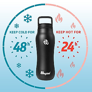 Beglad 24 oz Water Bottle Flask Jug, Vacuum Insulated Stainless Steel Water Bottle whit 3 Lids, Double Walled Metal Canteen Water Jug Thermo Mug, Hot Cold Water Bottles for Gym Travel Sports, Black