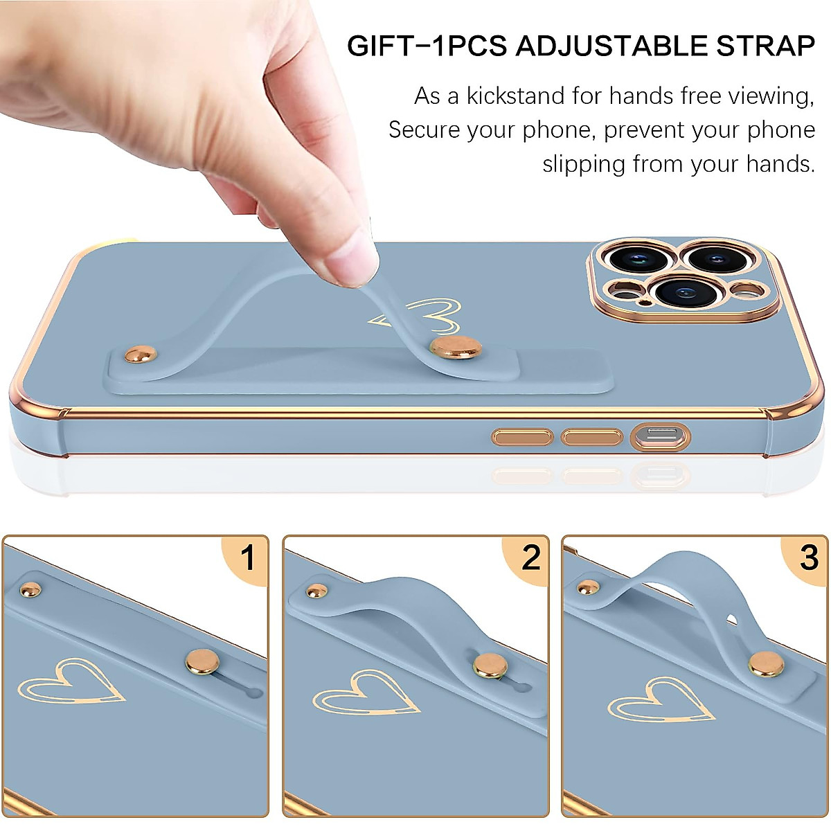 BENTOBEN for iPhone 13 Pro Max Phone Case, Cute Heart Adjustable Strap Wristband Kickstand Holder Shockproof Protective Soft TPU Luxury Plating Raised Trim Girls Women iPhone 13 Pro Max Case, Gray