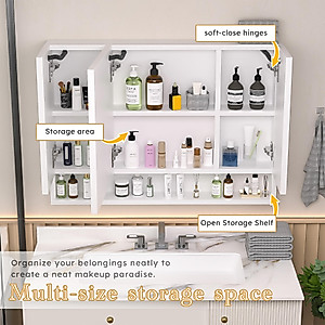 Leavader Aluminum Bathroom Medicine Cabinet with Mirrors and LED Lights, Three-Door Storage Cabinet Bathroom Wall Cabinet with Mirrored Door (39 x 28 inch)