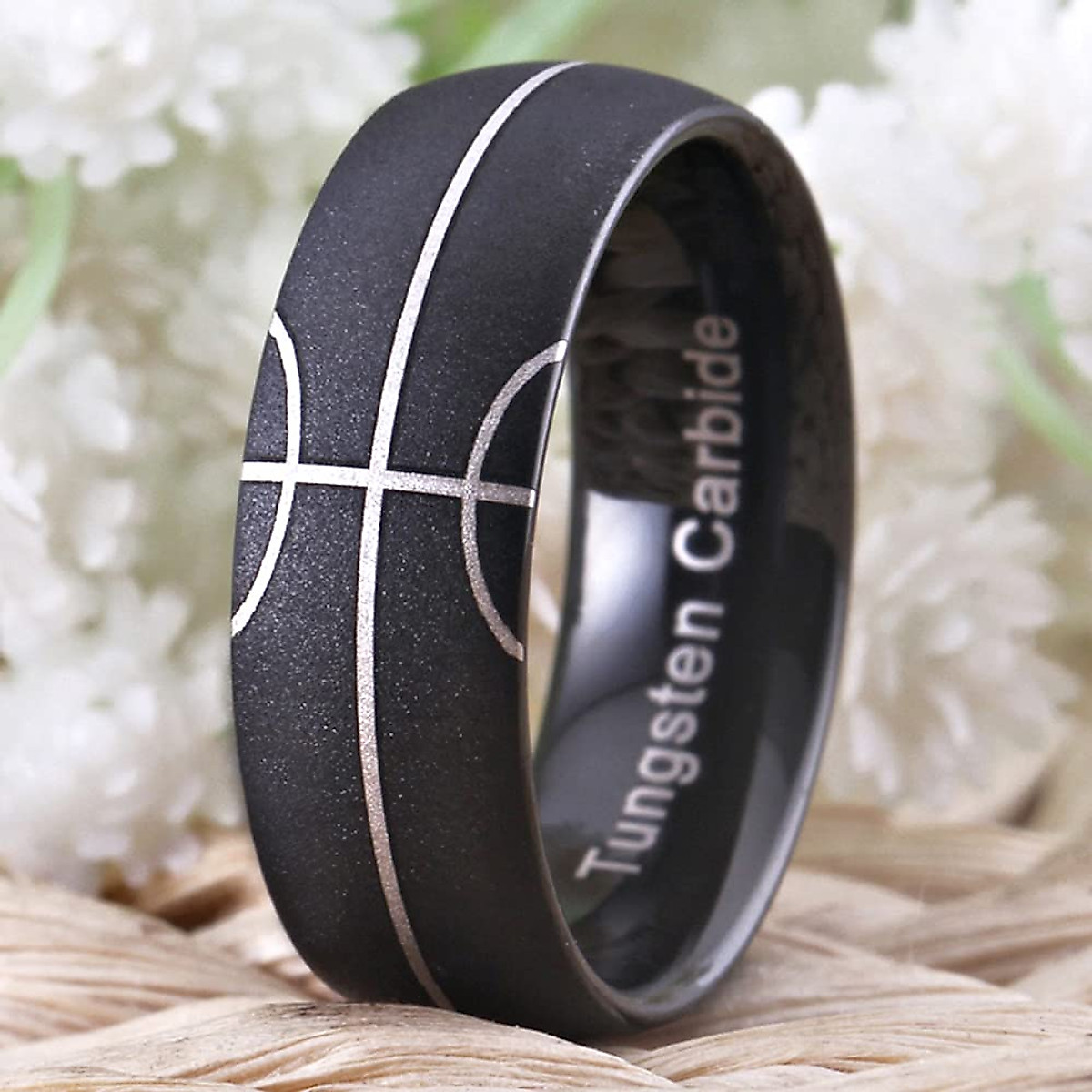 CLOUD DANCER Sporty Basketball Pattern Design Ring - 8mm Width Sand Blasted Tungsten Ring Wedding Band Ring Engagement Anniversary Jewelry (7.5)