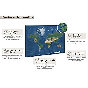 Modern World Satellite Wall Map with Push Pins | Push Pin Travel Map on Canvas | Personalized World Map with Pins | 24" x 32" up to 40" x 53"