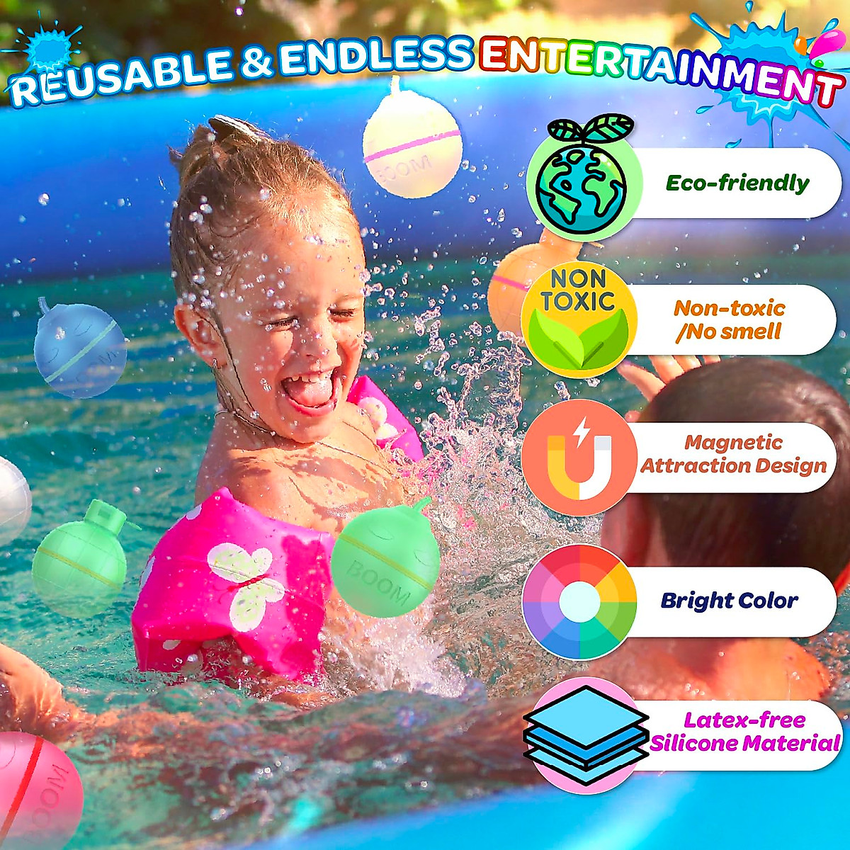 12pcs Reusable Water Balloons for Kids - Silicone Balloon with Magnetic Self Sealing Magnetic Quick and Easy Refill Outdoor Water Bombs - Bulk Pack with Mesh Bag (Bomb & Grenade)