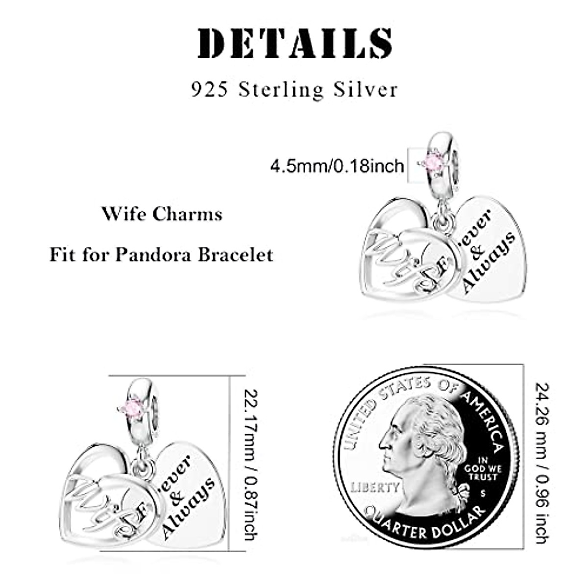 DALARAN Wife Charms Fit Pandora Charms Bracelet Forever Love Heart Charm Wife Sterling Silver Dangle Charm