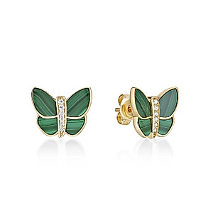 Green Malachite and Cubic Zirconia Butterfly Stud Earrings in 925 Sterling Silver with Yellow Gold Plating with Friction Back by Lavari Jewelers