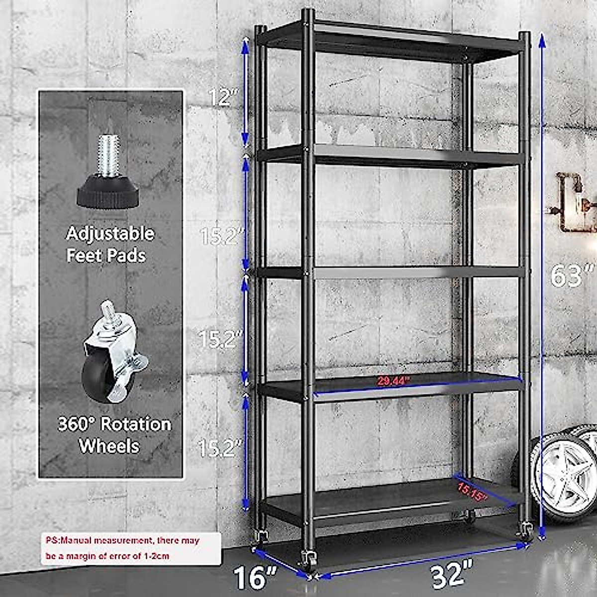 5 Tier Lightweight Storage Metal Shelves, Kitchen Storage Shelves Garage Shelving Unit, Large Capacity Storage Rack, Utility Shelf for Pantry Closet Office Laundry (32" Lx16“ Wx63” H)