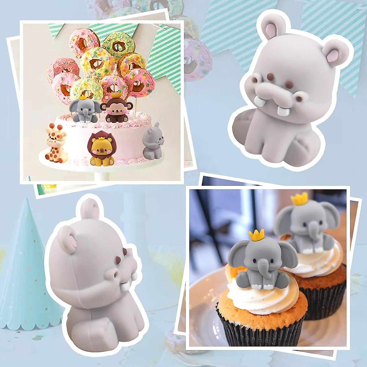 Jungle Safari Animal Cake Toppers – Lion Giraffe Monkey Hippo Elephant for Baby Shower