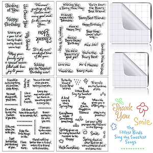 4 Sheets Sentiments Rubber Clear Stamps Set Different Sentiments Rubber Clear Stamp 2 Pieces Acrylic Stamp Blocks Tools with Grid Lines for Holiday Card Making and DIY Scrapbooking Journaling