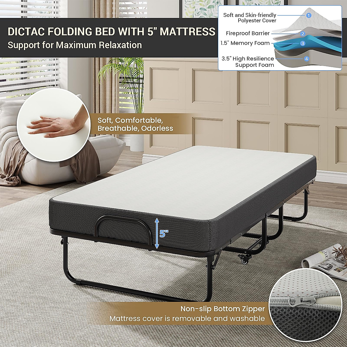 DICTAC Folding Bed with Mattress 75x38 Twin Size Bed Frame Portable Foldable Guest Bed for Adults Rollaway Bed with Wheels Fold up Bed with Metal Slats Bed Frame- 5'' Luxurious Memory Foam Mattress