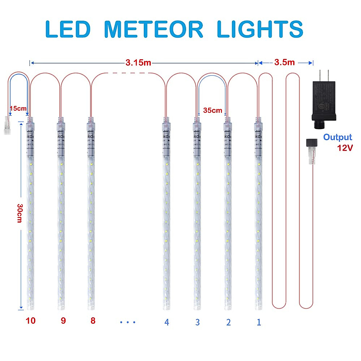 Vikdio Meteor Shower Rain Lights, 30cm 16 Spiral Tubes 480 LEDs 5.25m Lit Length Waterproof Snowfall LED Lights for Wedding Christmas Garden Tree Home Decor, Support 2 Sets Connected (Blue)