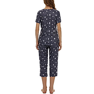MOYEE Women's Pajama Set Soft Lounge Outfits Short Sleeve Capri Pants with Pockets(#01 Darkgrey Star, Large)