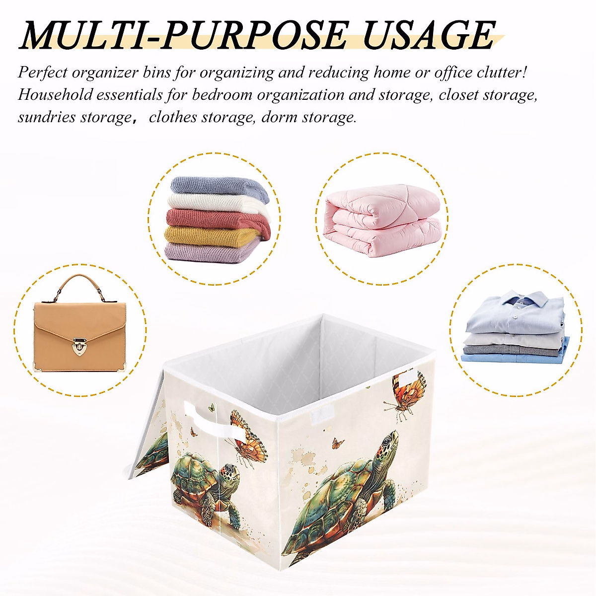 ALAZA Storage Bins Organizer Box Baskets Lidded Clothes for Shelves Closet Turtle Butterfly Collapsible Stackable Storage Cubes Handles