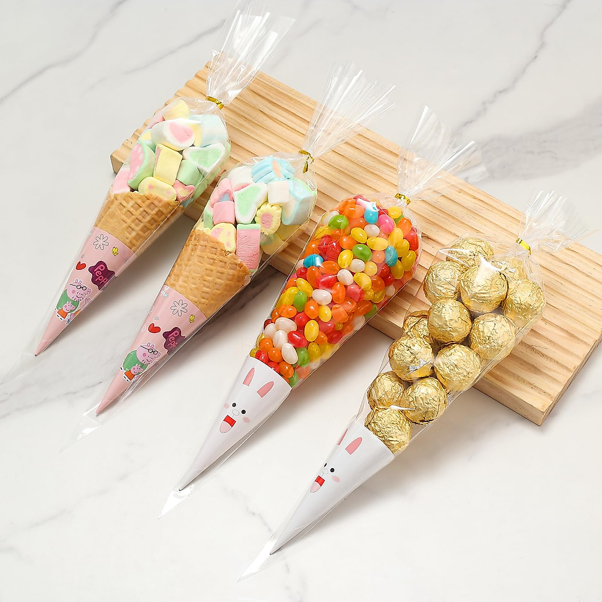 Cone Shaped Treat Bags, 100 Pcs Clear Popcorn Bags Bulk 7x15 In Cellophane Treat Bags with Twist Ties Small Triangle Plastic Cone Bags for Gift Giving Individual Servings Party Favor Candy Snack Wraps