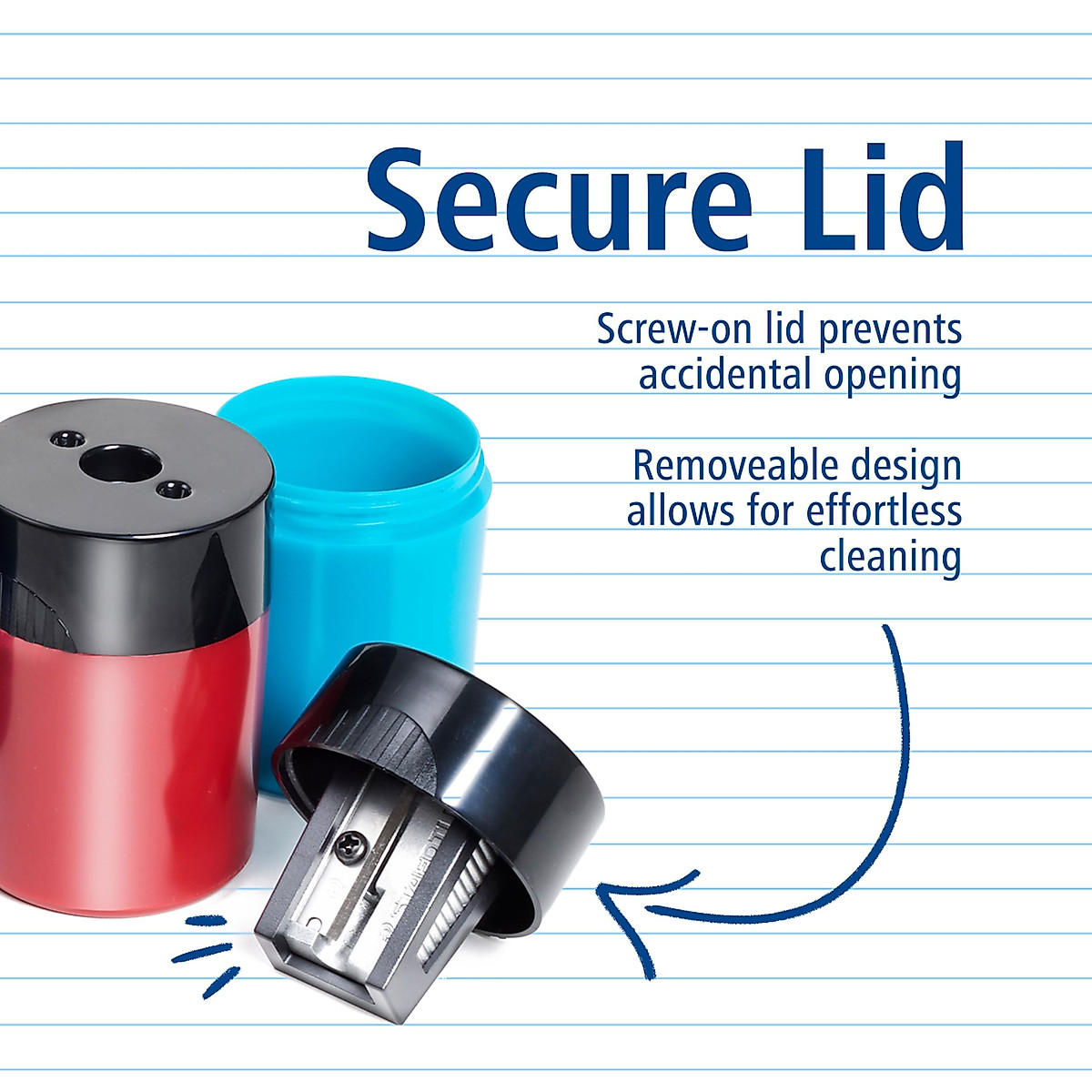 STAEDTLER pencil sharpener, premium quality sharpener with screw-on lid, prevents accidental openings, compact size for pencil case and work-station, 511 63BK (Pack of 1) , Assorted colors.