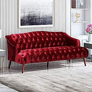 GDFStudio Esther Modern Glam Tufted Velvet 3 Seater Sofa, Wine and Walnut