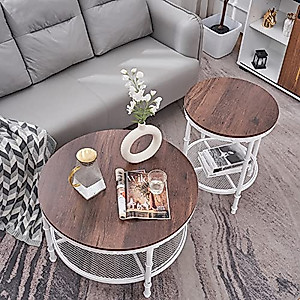 VINGLI 31.5" Rustic Oak White Round Farmhouse Coffee Table, 2-Tier Storage Wood Center Circle Accent Table for Living Room, Bedroom, Apartment, Studio and Small Spaces, Sturdy Metal Frame