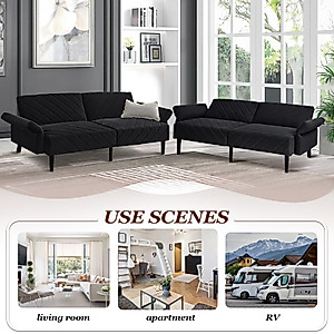 87 Inch Futon Sofa Bed, Modern Convertible Sleeper Futon Couch with Adjustable Armrests and Backrest, Velvet Oversized Loveseat Sofa Couch for Living Room, Apartment,Black