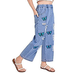 WDIRARA Girl's Butterfly Print Elastic Waist Wide Leg Ripped Jeans Denim Pants Blue 140