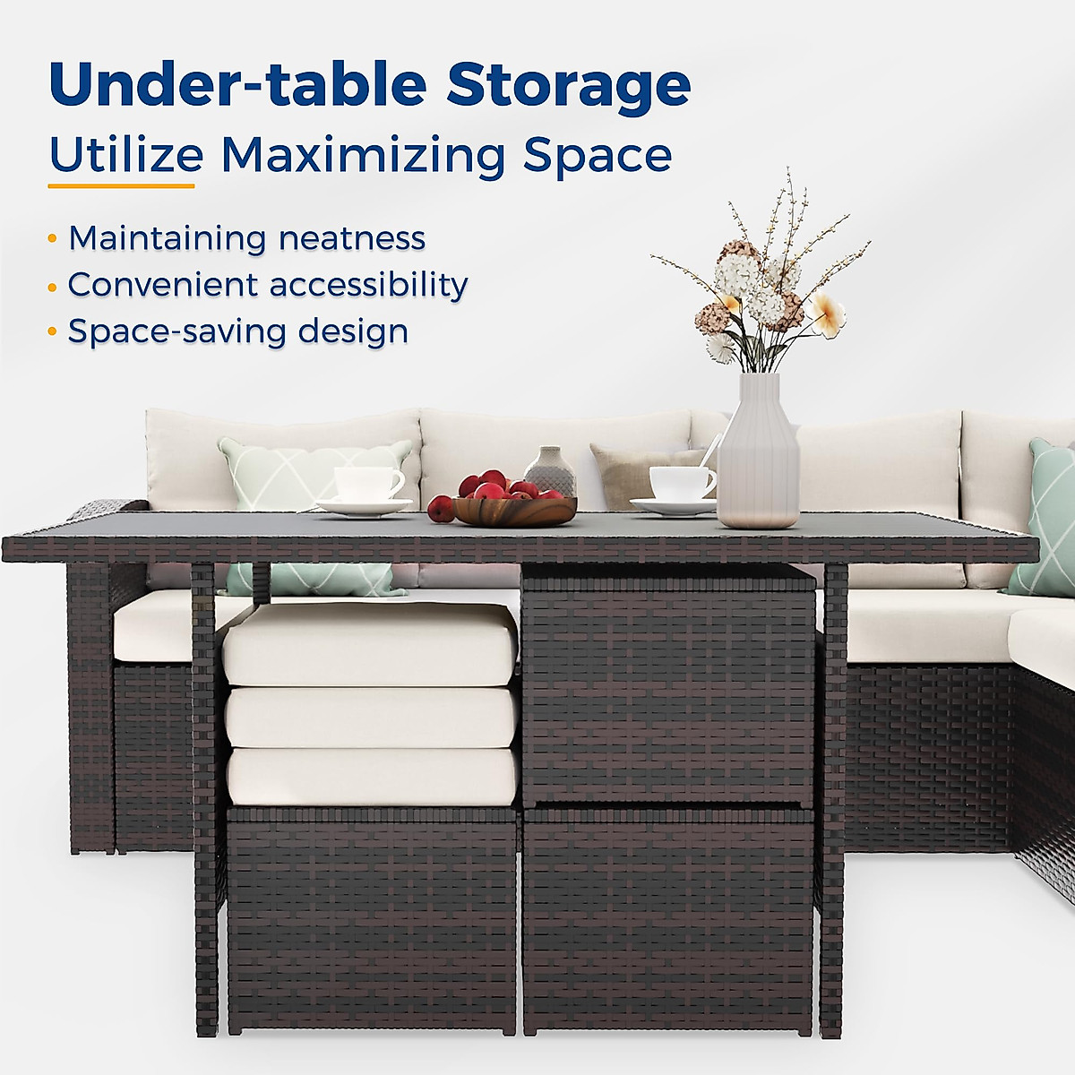 Wisteria Lane Patio Furniture Set, 7 Piece Outdoor Dining Sectional Sofa with Dining Table and Chair, All Weather Wicker Conversation Set with Ottoman, Ivory