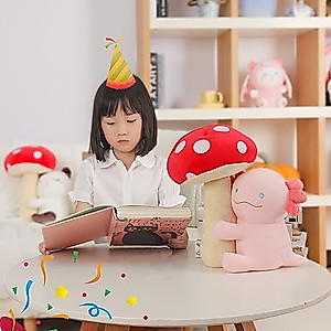 HAIJUNYA 15" Cute Mushroom Axolotl Plush Pillow, Kawaii Red Mushroom Axolotl Stuffed Animals Toy Decor, Soft Squishy Plushies Gifts for Girls, Christmas, Birthday
