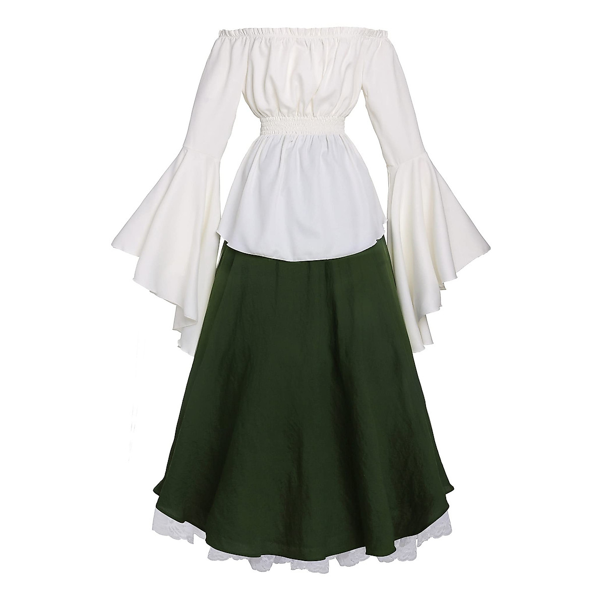 Vibsion Womens Renaissance Victorian Costume Medieval Dress Trumpet Sleeve Plus Size Ren Faire Shirt and Skirt S/M