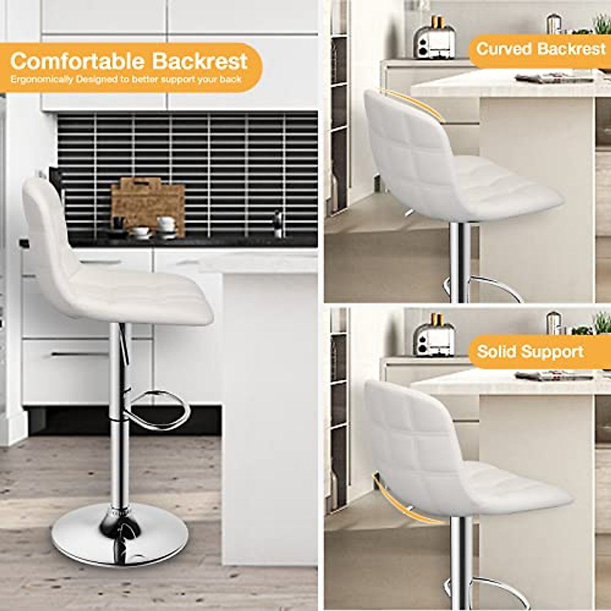 ErgoDesign Bar Stools Set of 2, Adjustable Barstools with Back, Swivel Bar Chairs (White)