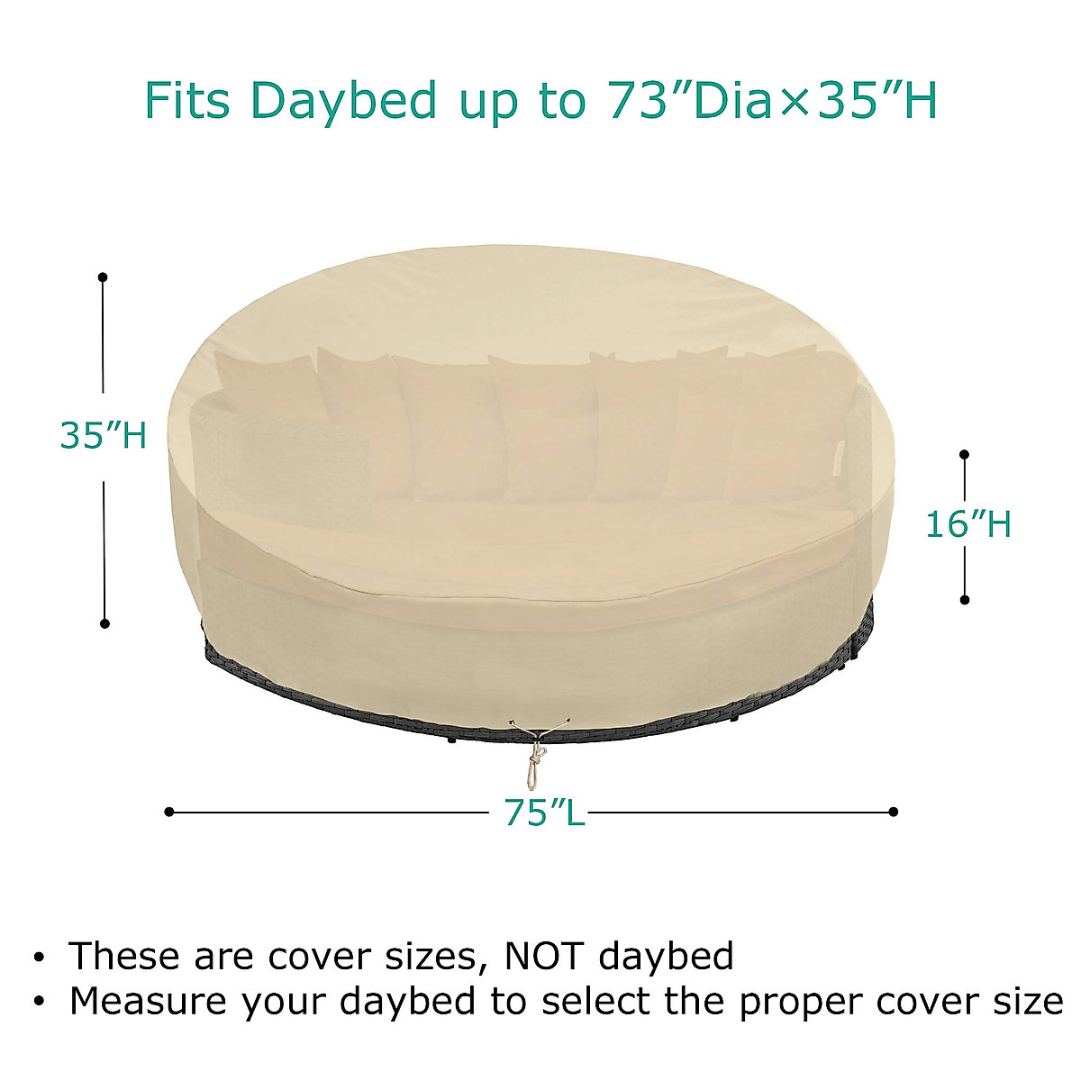 SunPatio Outdoor Daybed Cover, Heavy Duty Waterproof Round Canopy Sofa Bed Cover with Taped Seam, Patio Furniture Set Cover, All Weather Protection, 75" Dia x 35"/16”H, Beige